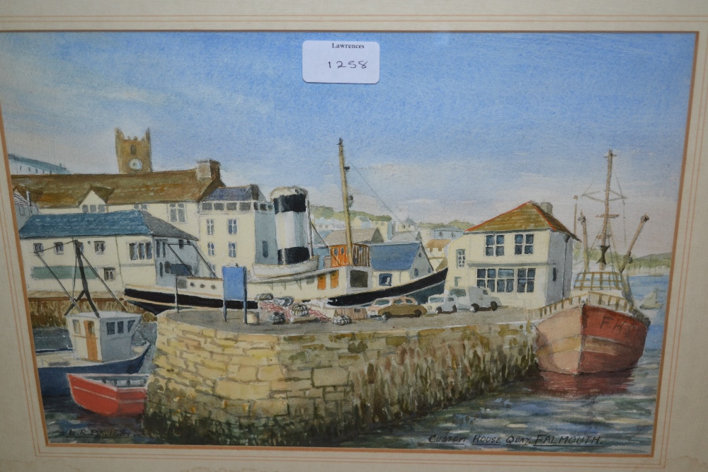 Watercolour, harbour scene with moored boats and quayside cottages ...
