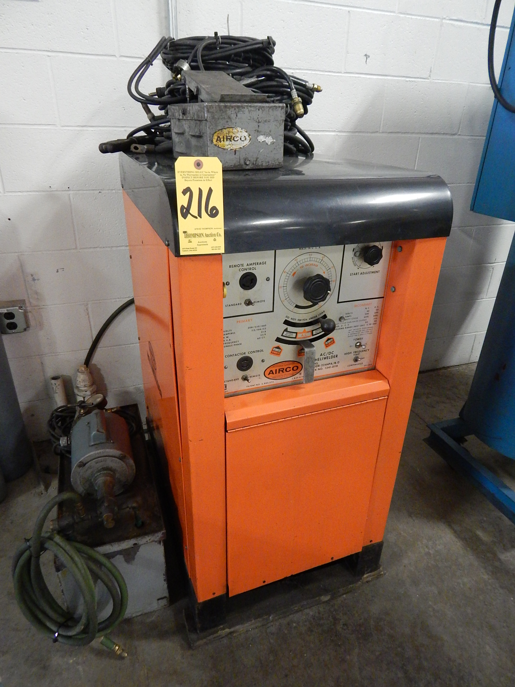 Airco Model 3A/DDR-224HPA/B-D Tig Welder, s/n 5409770, with Foot Pedal ...