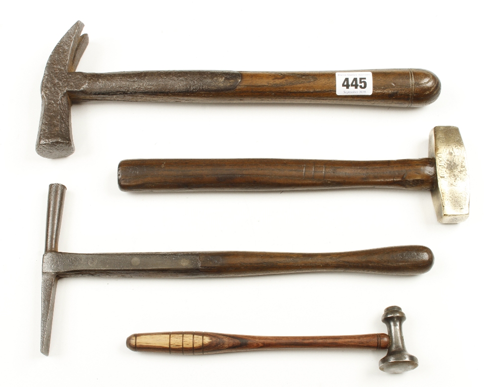 Four hammers; a silversmith's double domes with rosewood handle, a ...
