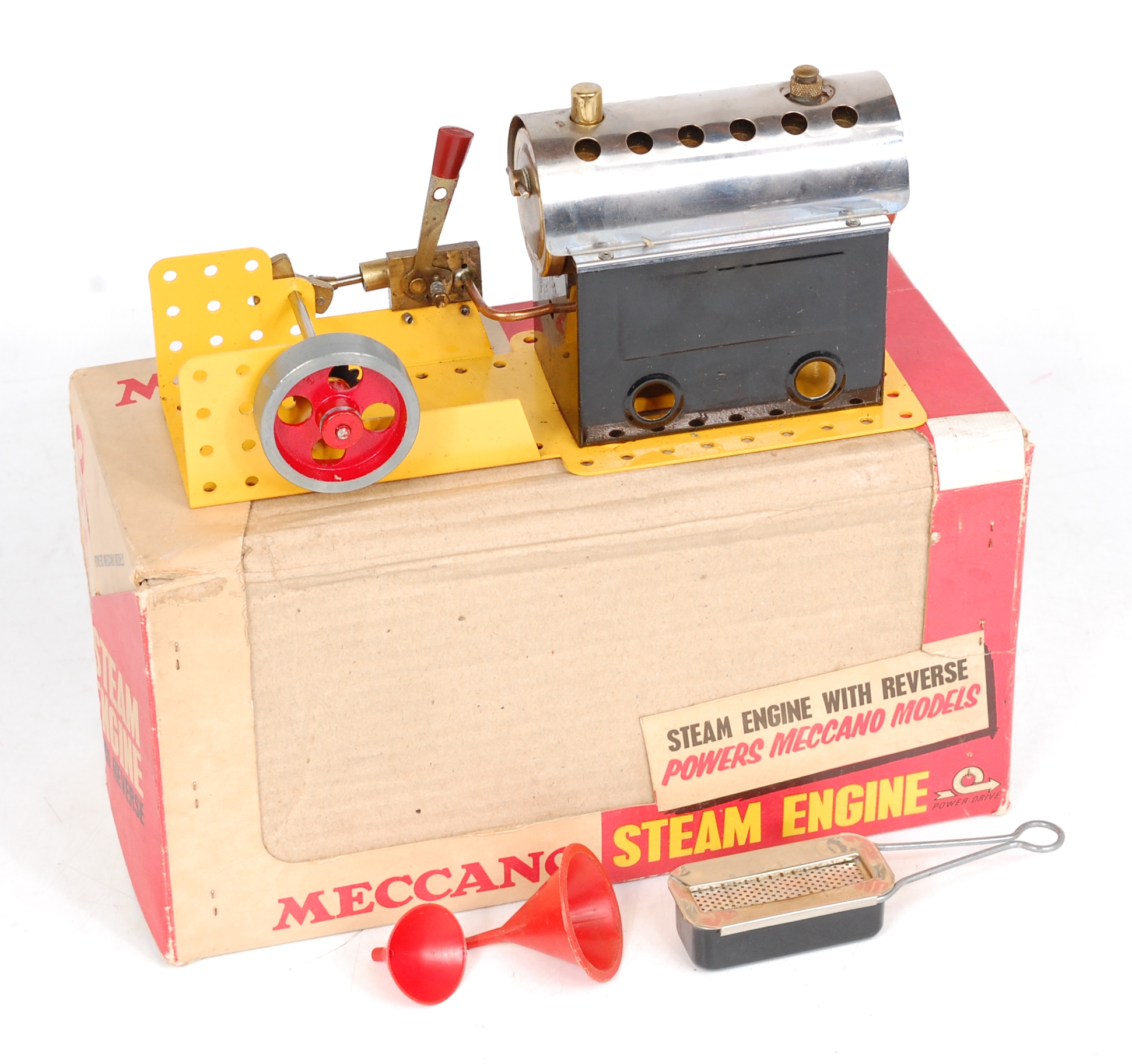 Meccano boxed Horizontal Steam engine, comprising of tin housed boiler ...