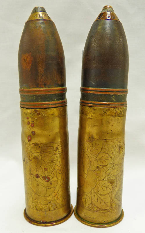 2 WW1 37MM POM POM SHELLS WITH TRENCH ART DECORATED CARTRIDGES -2-