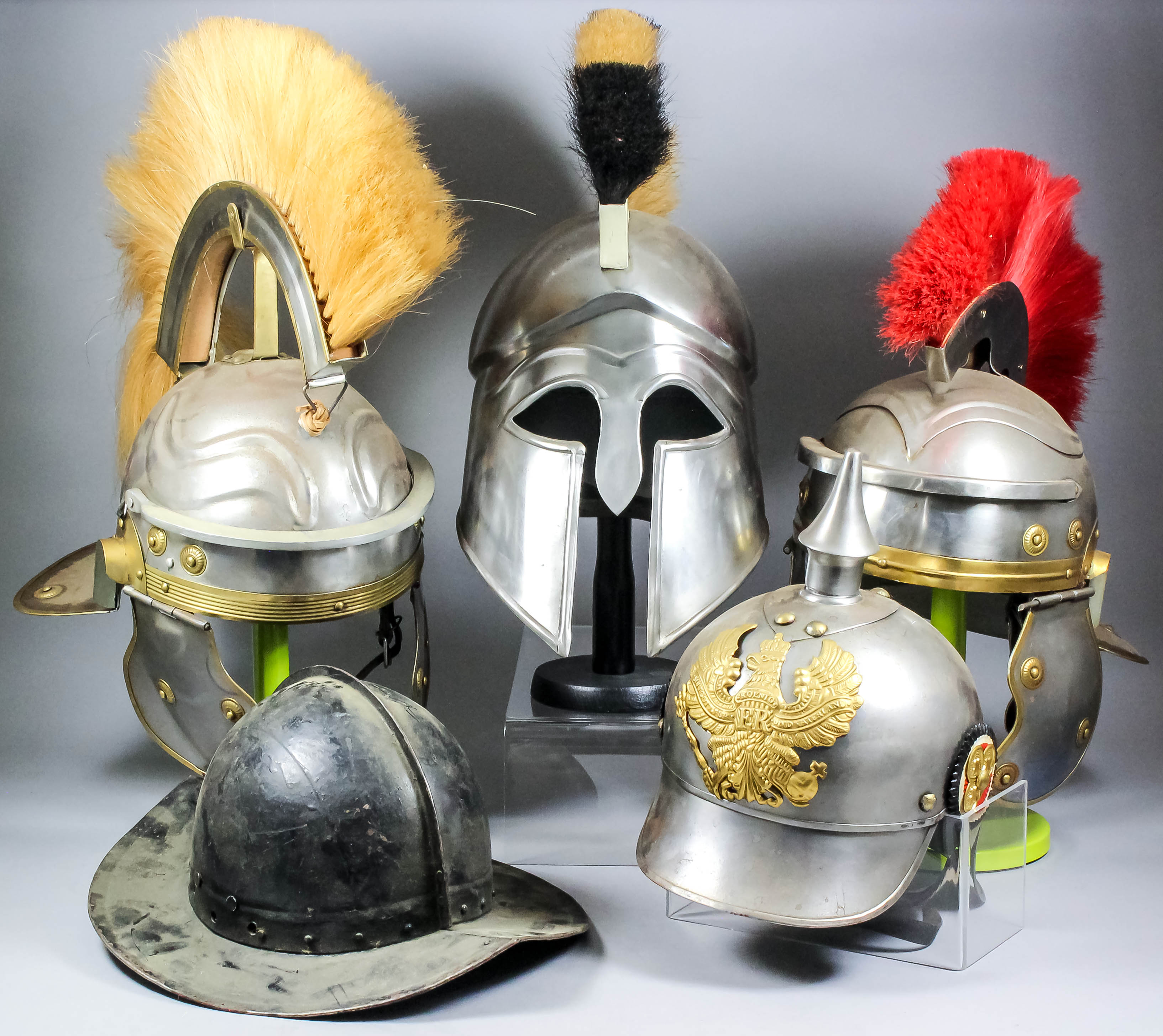 Six full size reproduction medieval steel helmets of various historic ...