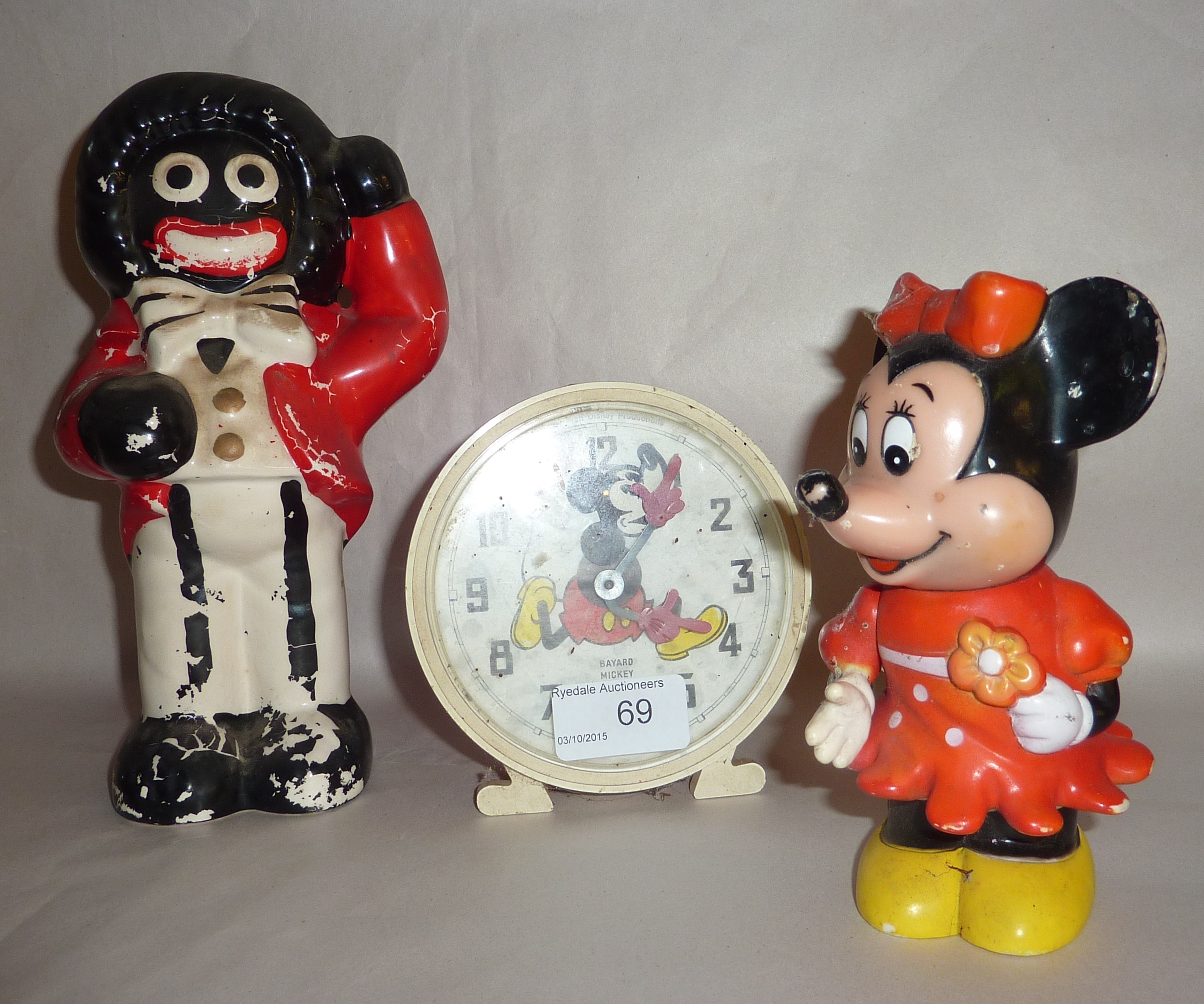 Golly money box, Minnie Mouse money box and a Bayard Mickey Mouse alarm ...