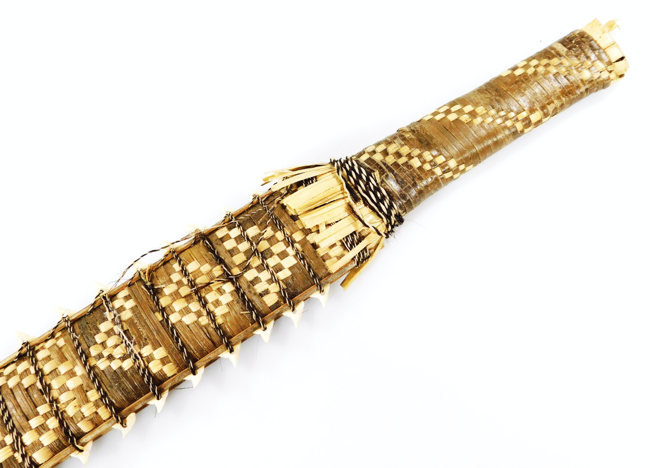 Two mid 20thC Tongan ceremonial presentation shark tooth swords, bound ...