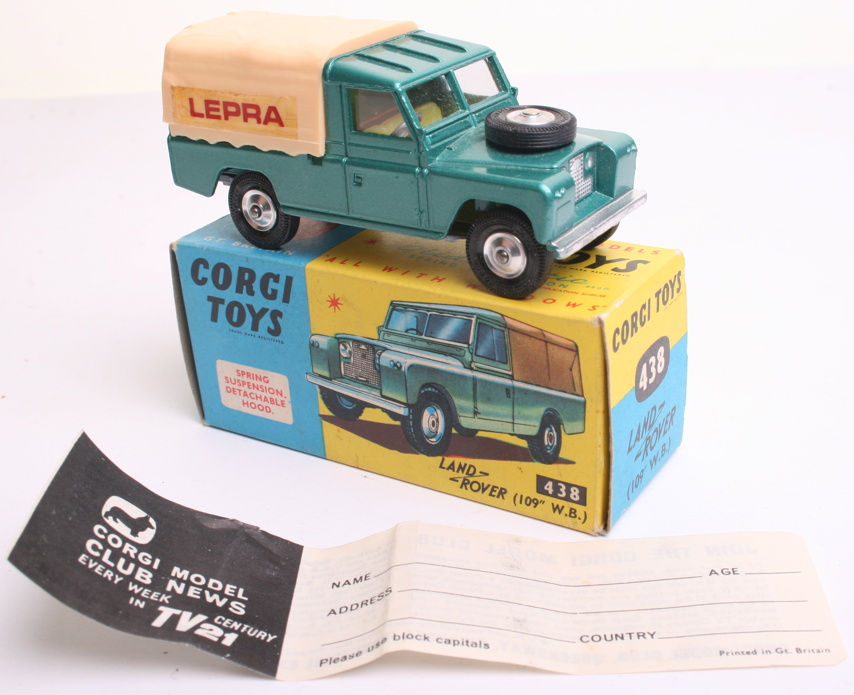 Scarce Corgi Toys 438 Land Rover “Lepra” 109 WB, metallic green, cream ...