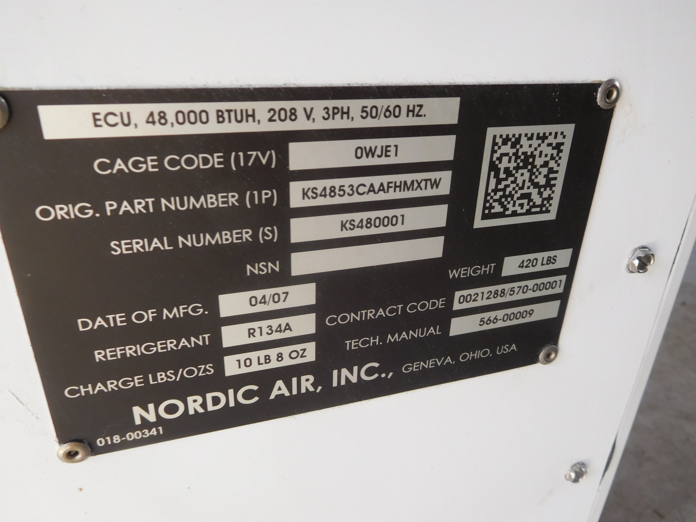 NORDIC AIR 48,000BTU ECU ENVIRONMENTAL CONTROL UNIT; MODEL ...