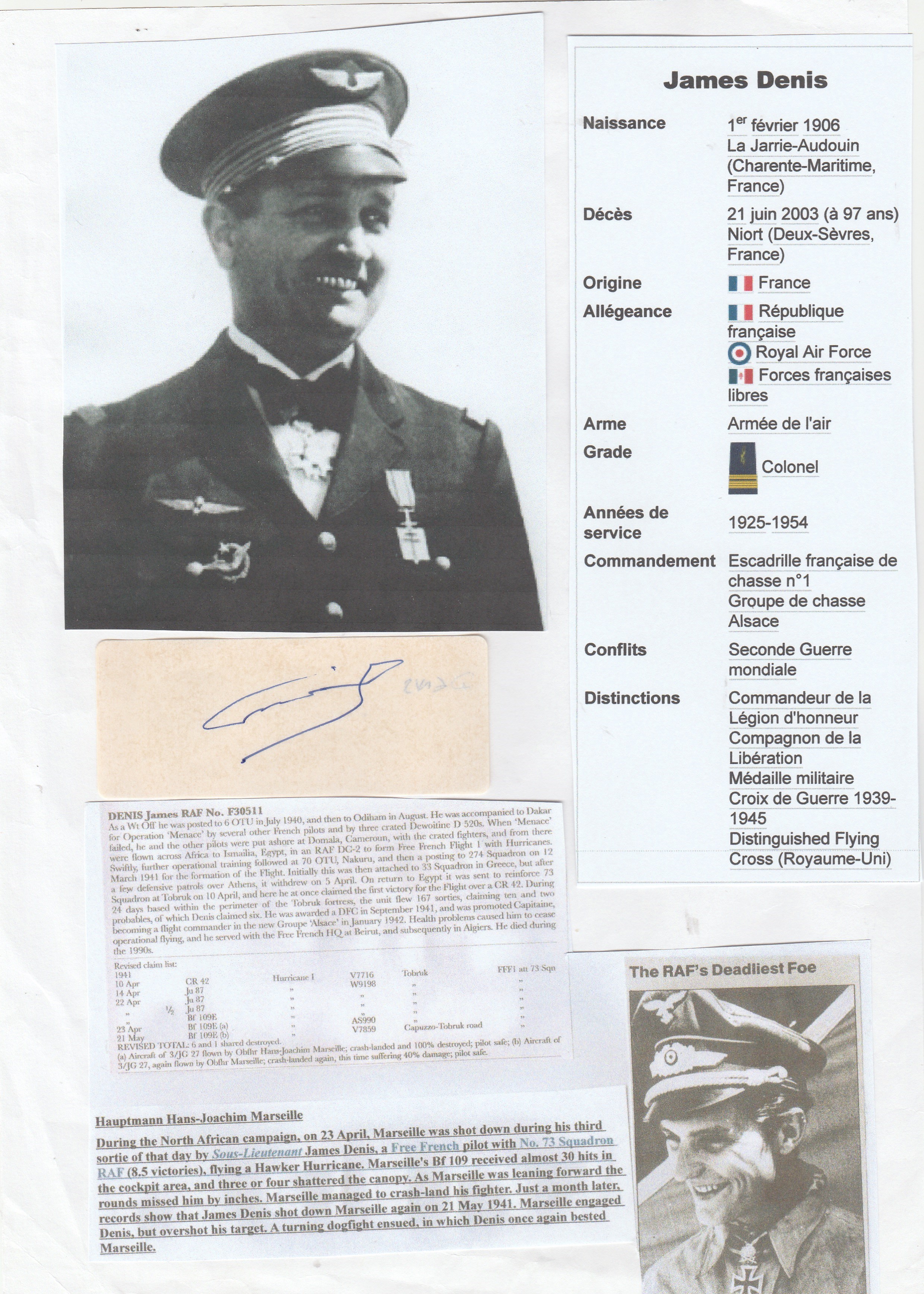 COMMANDANT/COLONEL JAMES DENIS DFC Free French Armee de L'air RAF ...