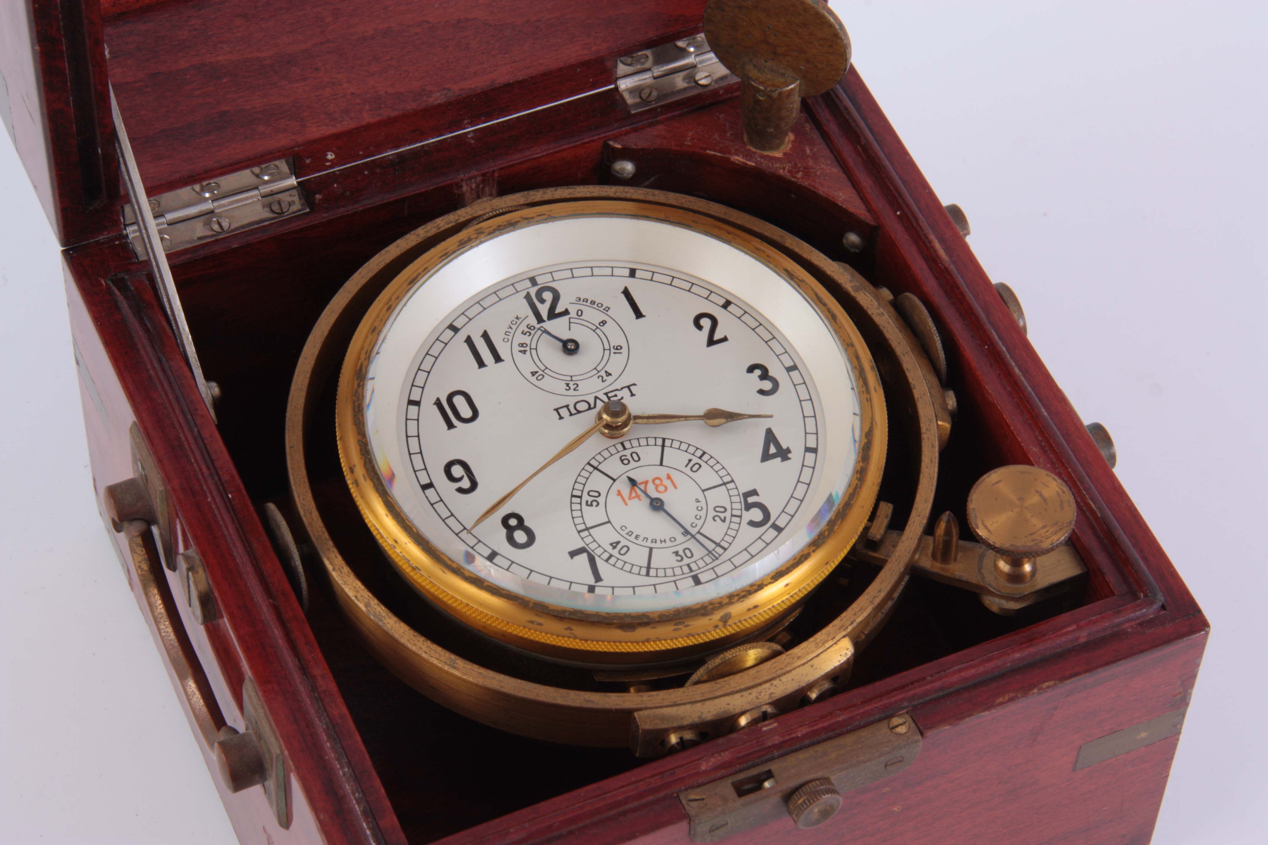 A TWO DAY RUSSIAN MARINE CHRONOMETER in mahogany brass bound case 17 ...
