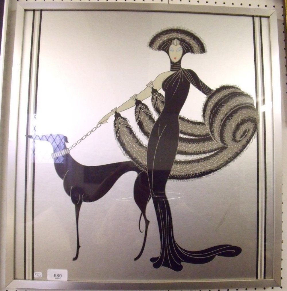 An Art Deco Erte print lady with greyhound - 52 x 49cm