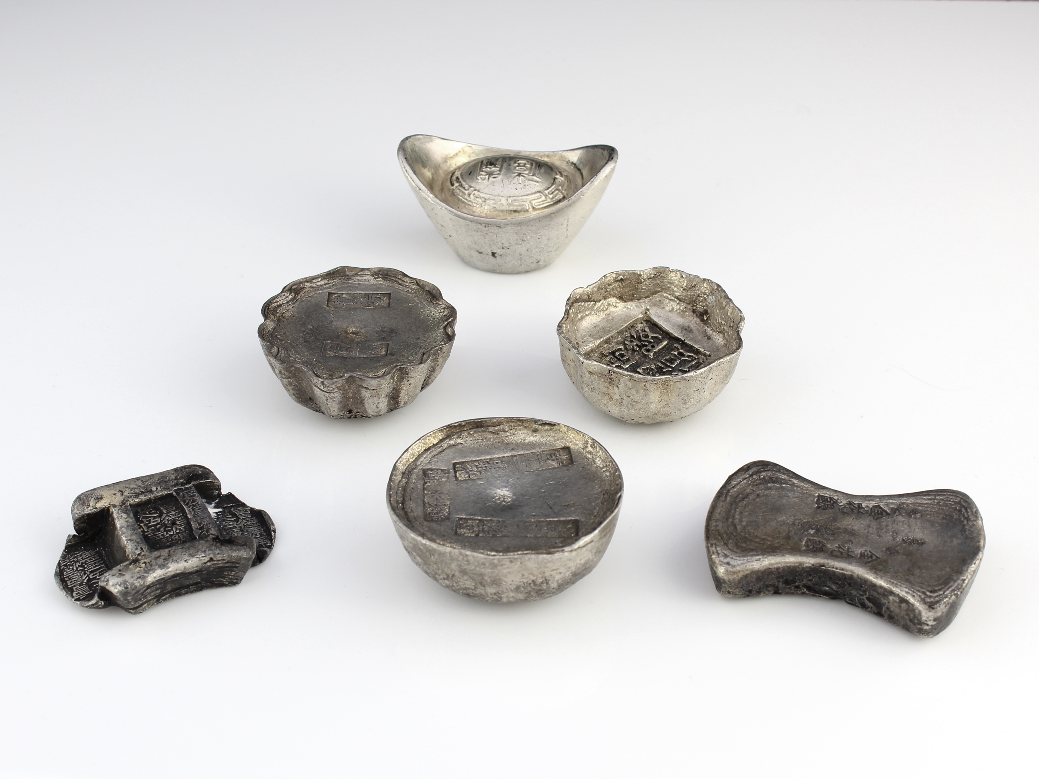 Six Qing dynasty Chinese silver Sycee / Yuanbao money tokens of various ...