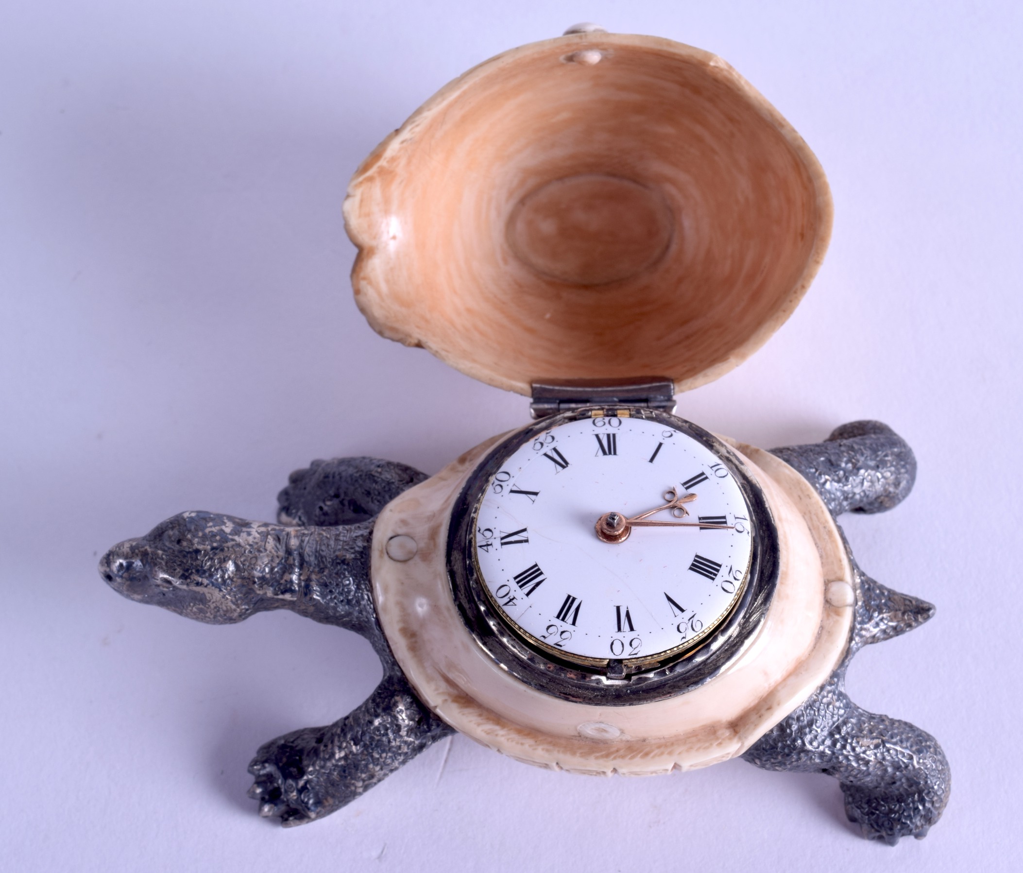 A RARE ANTIQUE SILVERED BRONZE NOVELTY TORTOISE CLOCK the shell rising ...