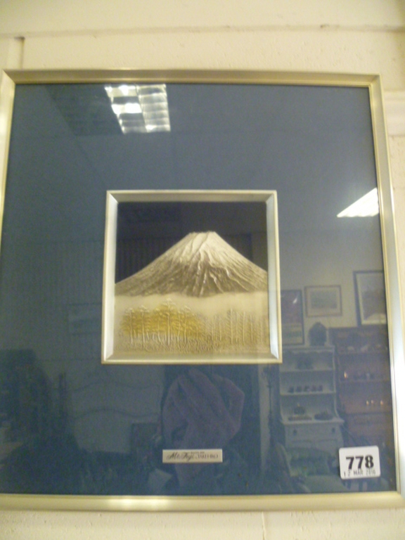 Japanese sterling silver .999 on Mt Fuji in relief by Takehiko silversmith