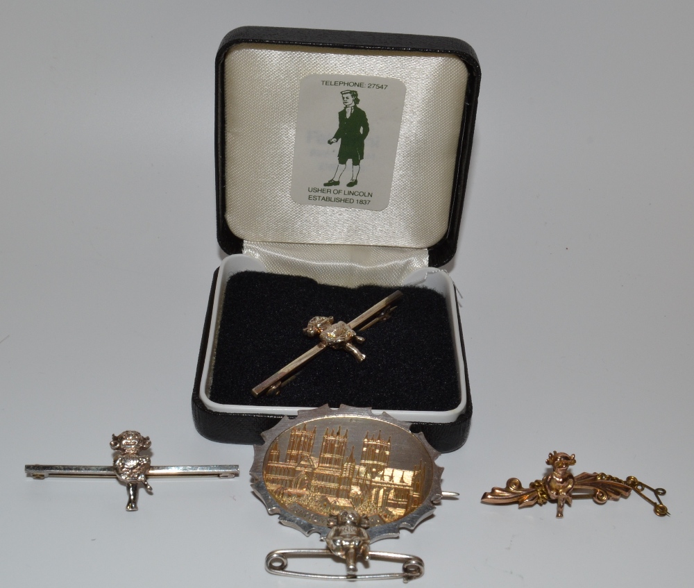 Jewellery - a 9ct gold Lincoln Imp tie pin, 1.6g ; others silver; a ...