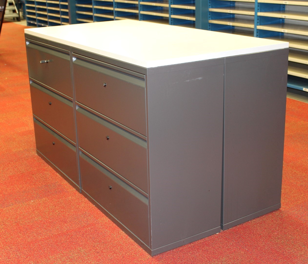 4 PCS OF 3-DRAWER LATERAL FIL CABINET WITH TABLE TOP. COLOR: DARK GREY ...