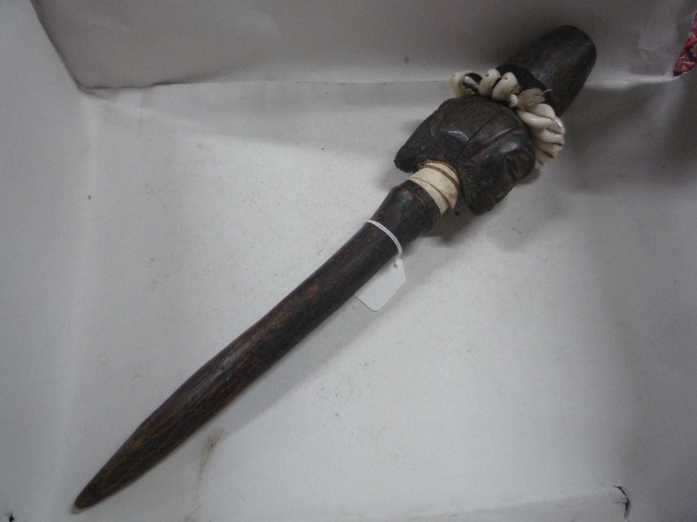 A TRIBAL WITCH DOCTORS RATTLE DUAL HEAD STAFF shell rattle, height ...