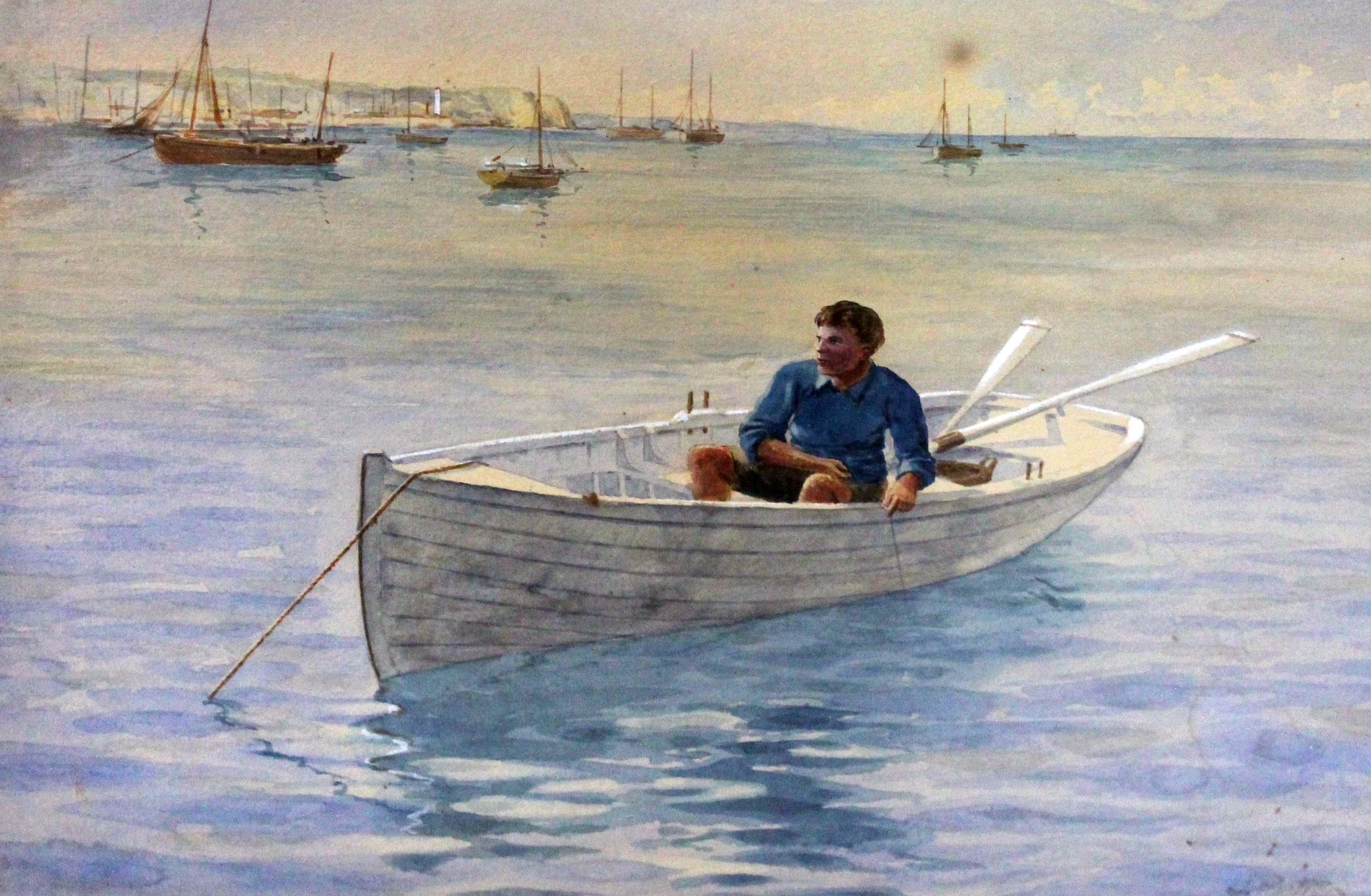 Early 20th century school, young boy in a rowing boat, watercolour ...