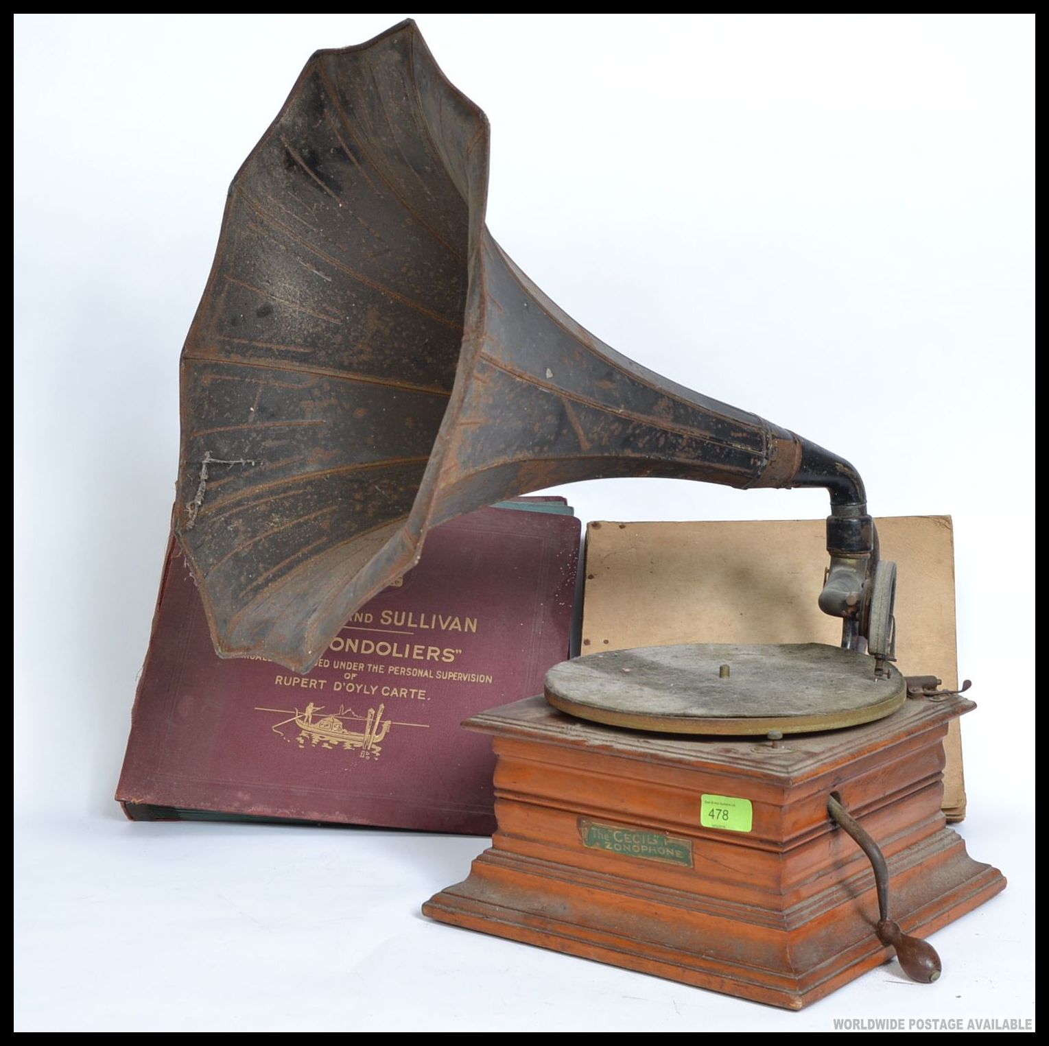 Old gramophone with 'the New Cecil Zonophone' mark and morning glory ...