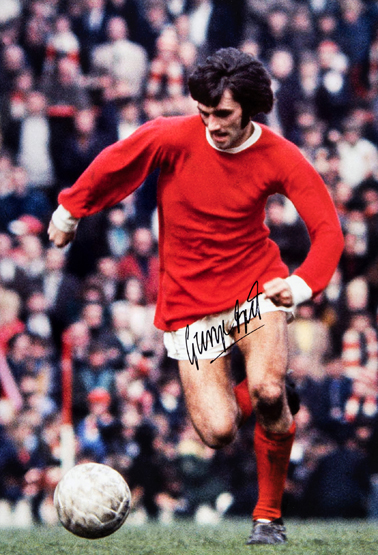 Two George Best-signed colour photographic prints, Best in action for ...