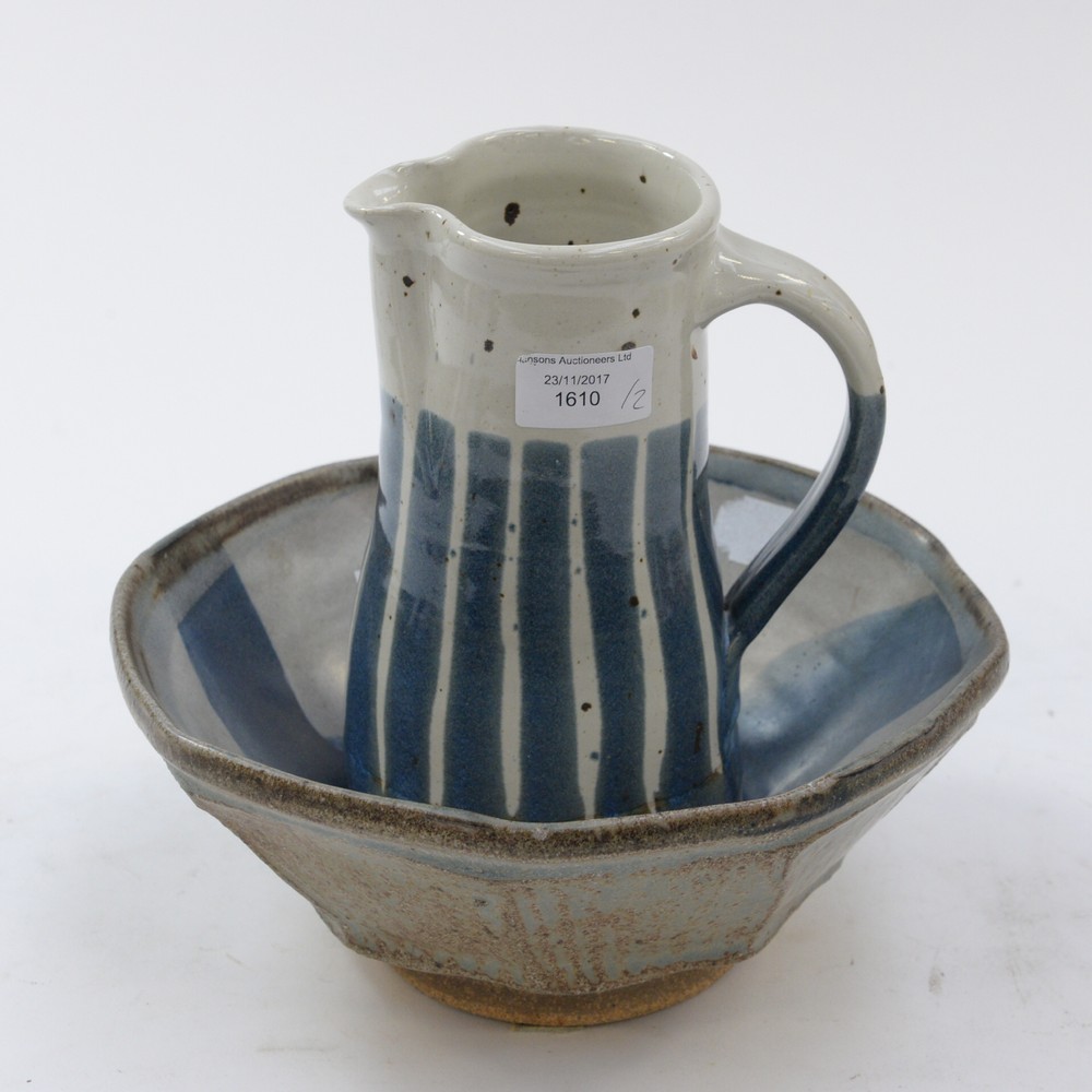 Tom Fisher large studio pottery stoneware bowl and jug