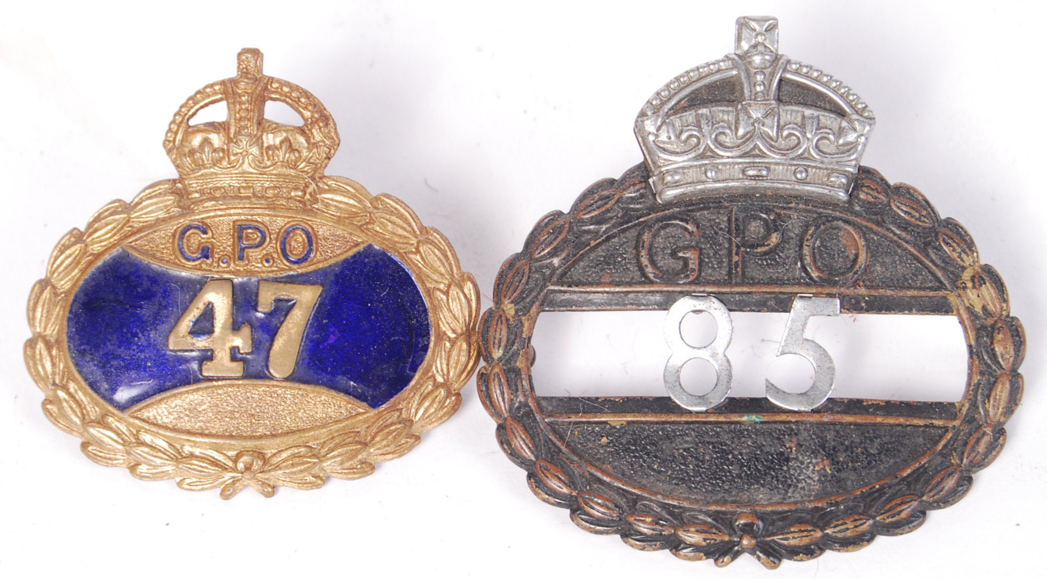 Two original 1940's General Post Office Royal Mail cap badges. 'GPO 85 ...