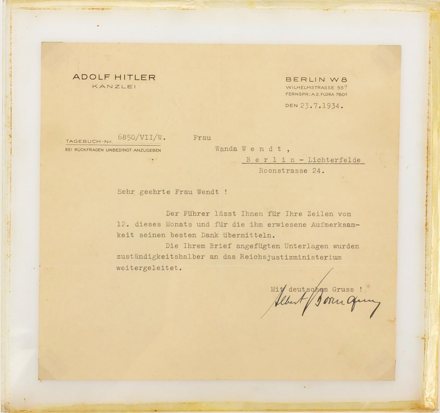 German Military interest letter signed by Albert Bormann on Adolf ...
