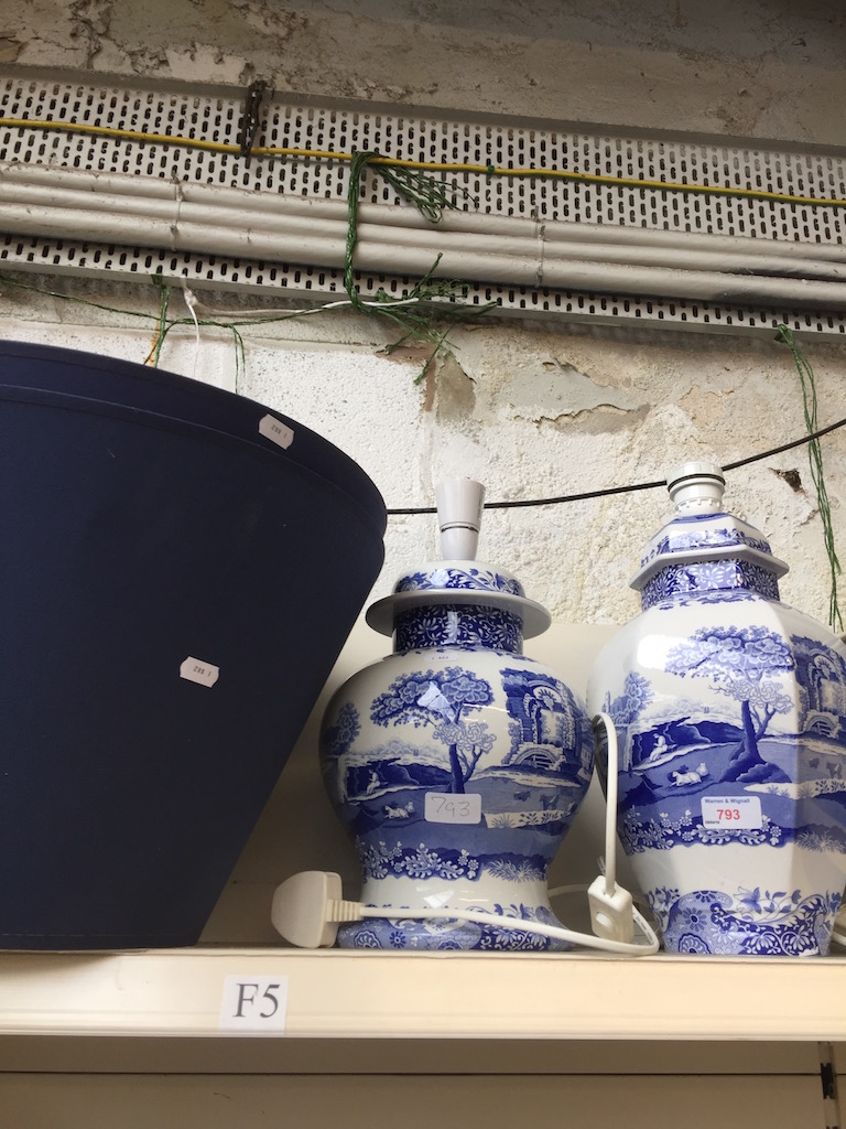 TWO SPODE ITALIAN TABLE LAMPS WITH BLUE SHADESCONDITION: NO DAMAGE OR ...