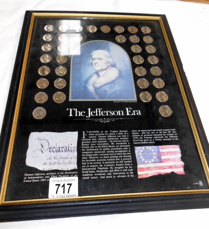 A framed display The Jefferson era coin set