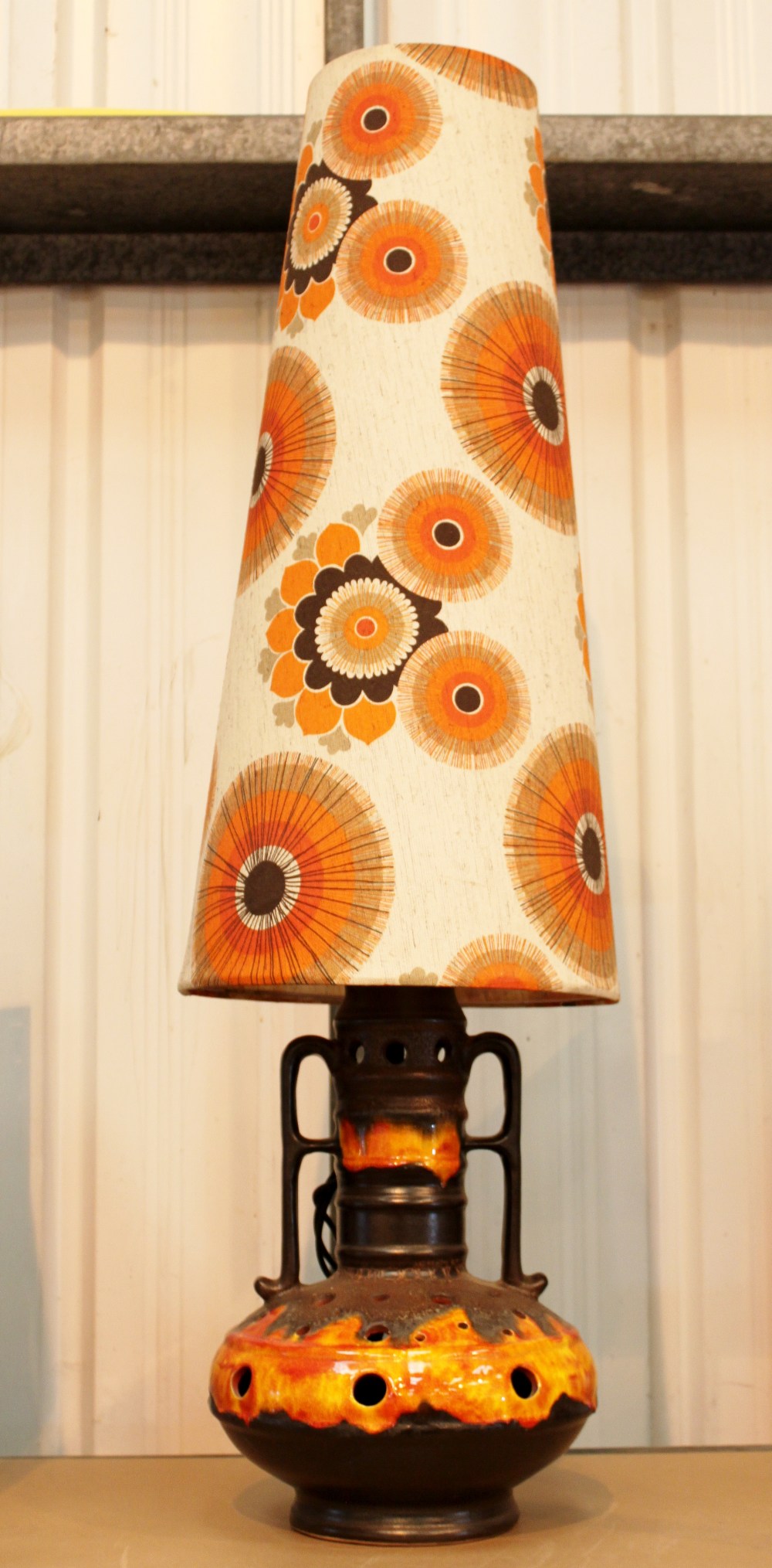 West German Fat Lava floor lamp with original shade in orange and brown ...