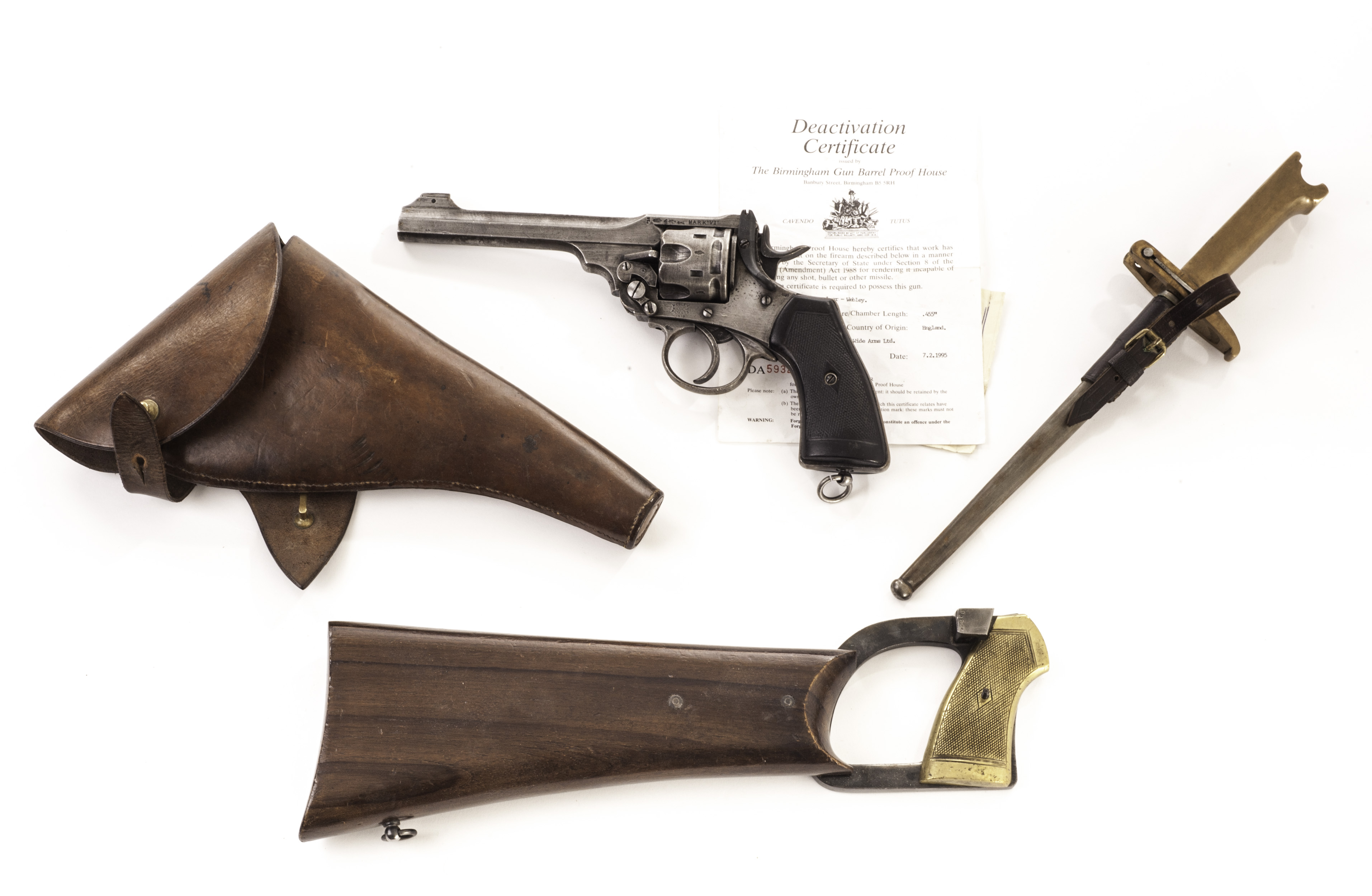 A deactivated WWI officers Webley Mark VI revolver with shoulder stock ...